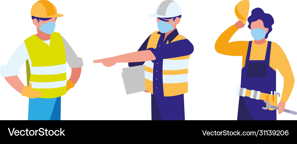 Industrial workers men working with face mask Vector Image