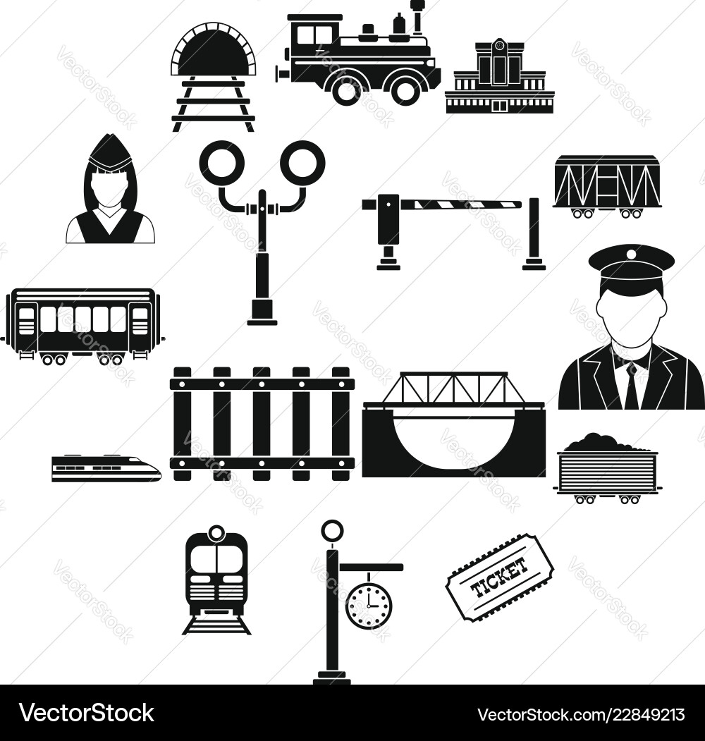 Railroad black simple icons set Royalty Free Vector Image