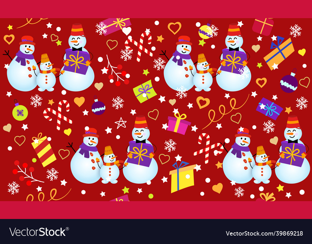 Winter pattern with snowmen snowflakes and gifts Vector Image