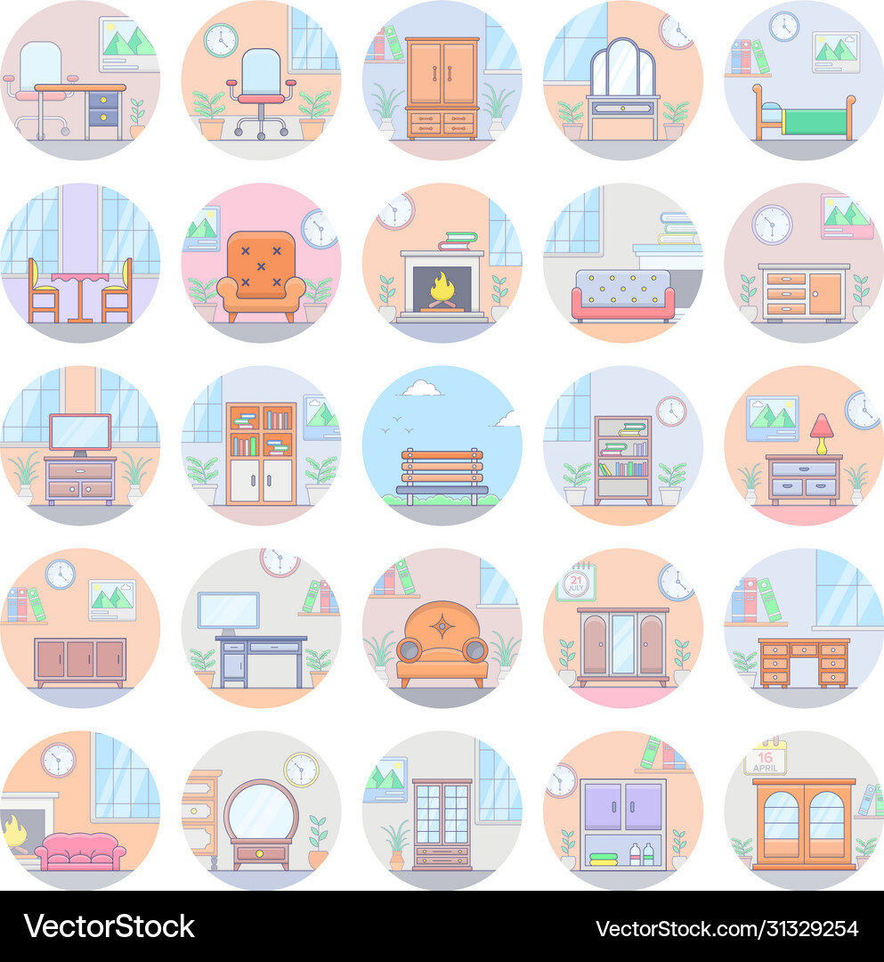 Interior design flat icons pack Royalty Free Vector Image