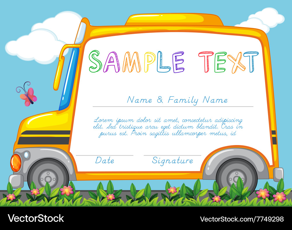 Certificate template with school bus Royalty Free Vector