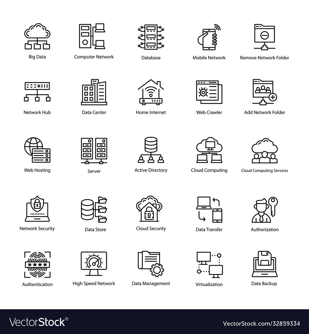 Set computer and networks line icons Royalty Free Vector