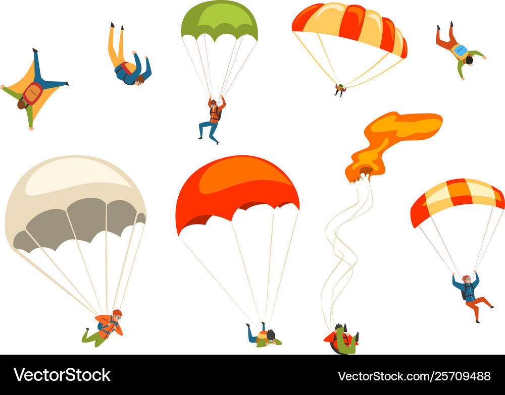 Skydivers flying with parachutes set extreme Vector Image