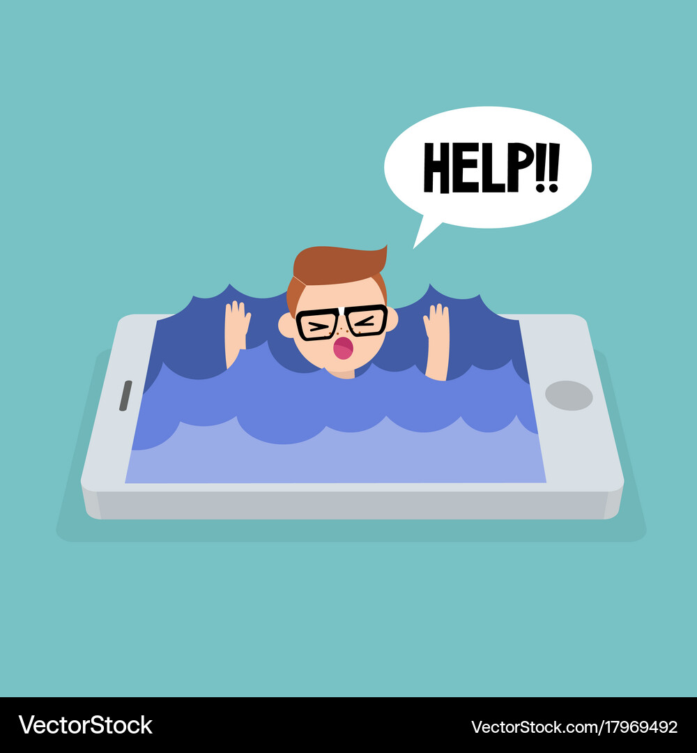 Mobile addiction concept young nerd drowning Vector Image