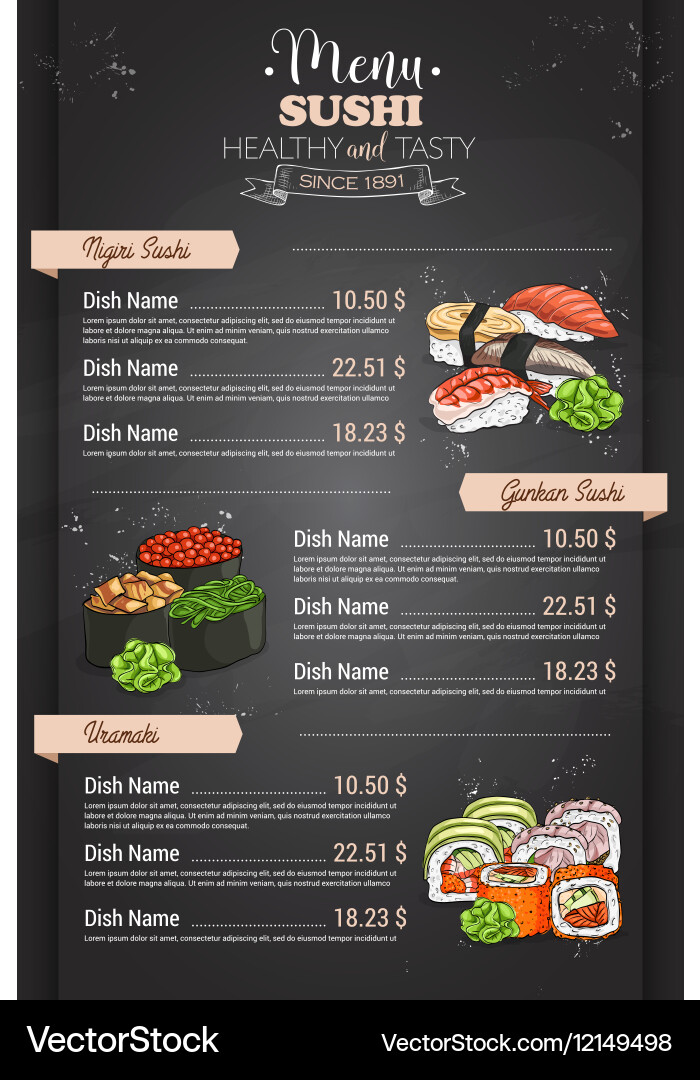 Restaurant vertical color sushi menu Royalty Free Vector