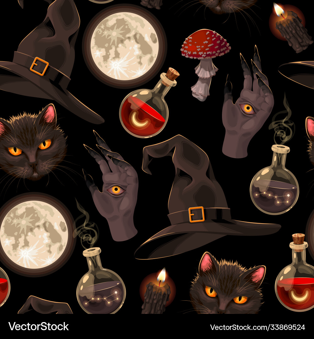Seamless pattern with witch hats and moon Vector Image