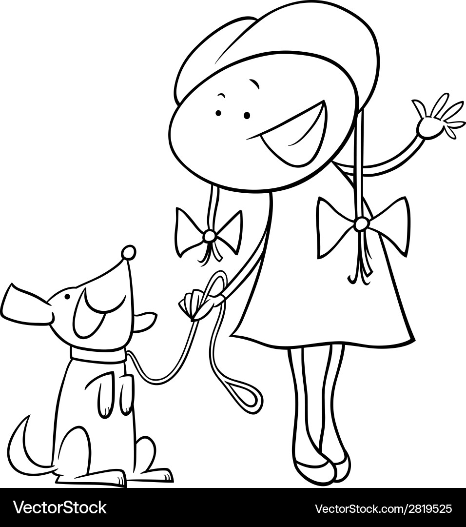 Cute girl with dog coloring page Royalty Free Vector Image