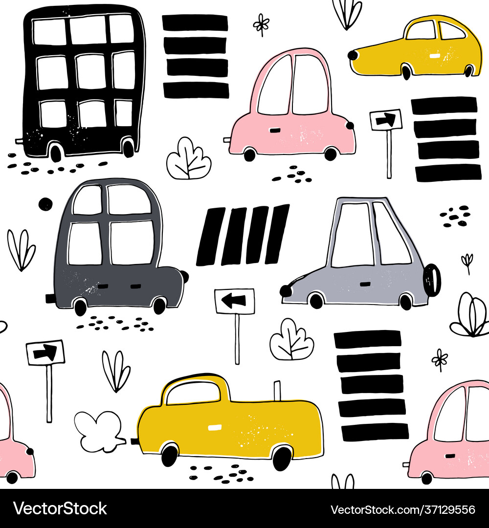 Seamless pattern with hand drawn cute car cartoon Vector Image