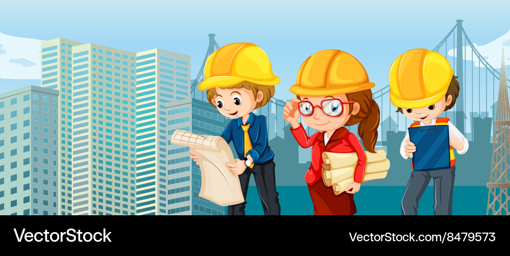 Engineers and workers reading blueprints Vector Image