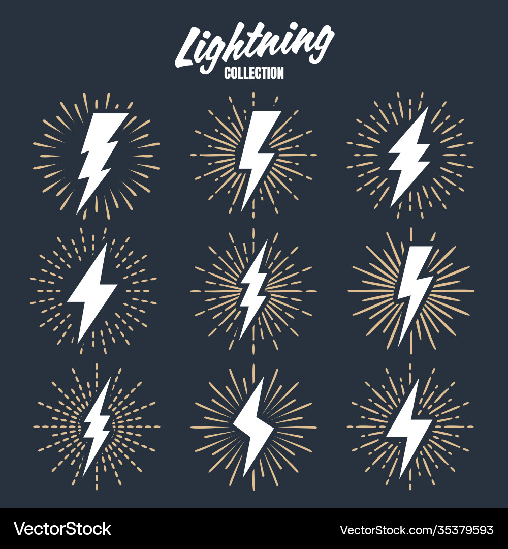 Set vintage lightning bolts and sunrays Royalty Free Vector