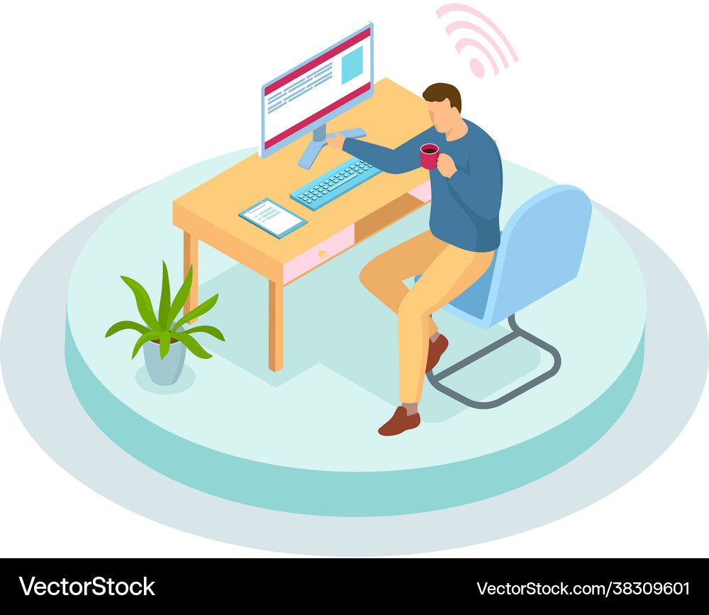 Business man sitting at workplace desktop Vector Image