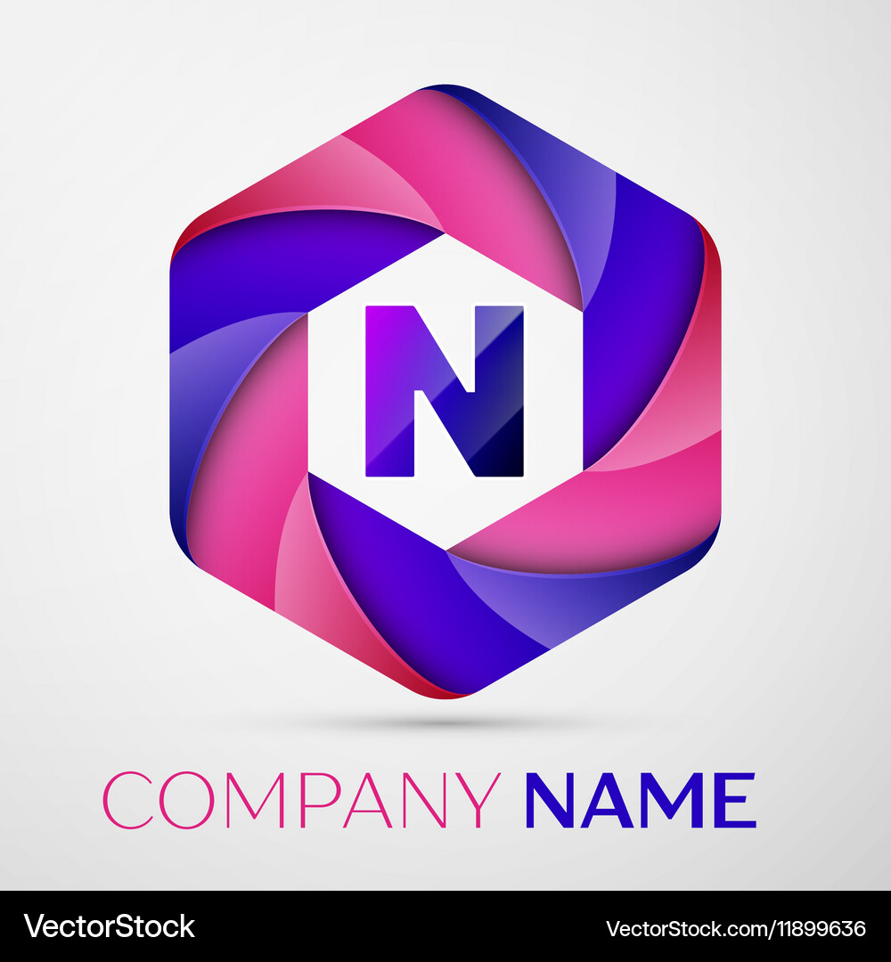 N letter colorful logo in hexagonal on grey Vector Image