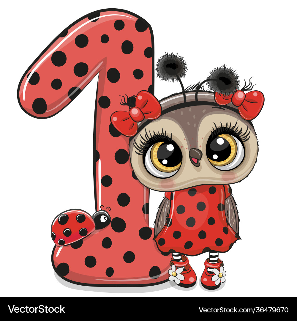 Owl and ladybug with number one isolated Vector Image