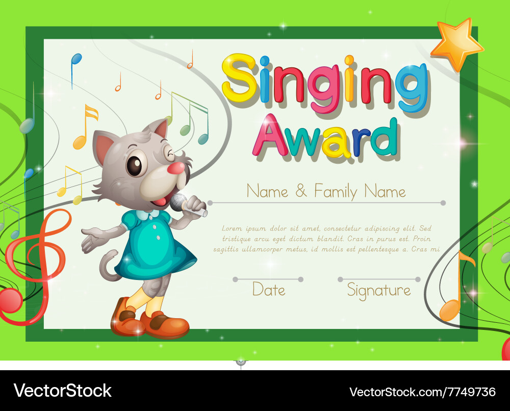 Singing award certificate template Royalty Free Vector Image