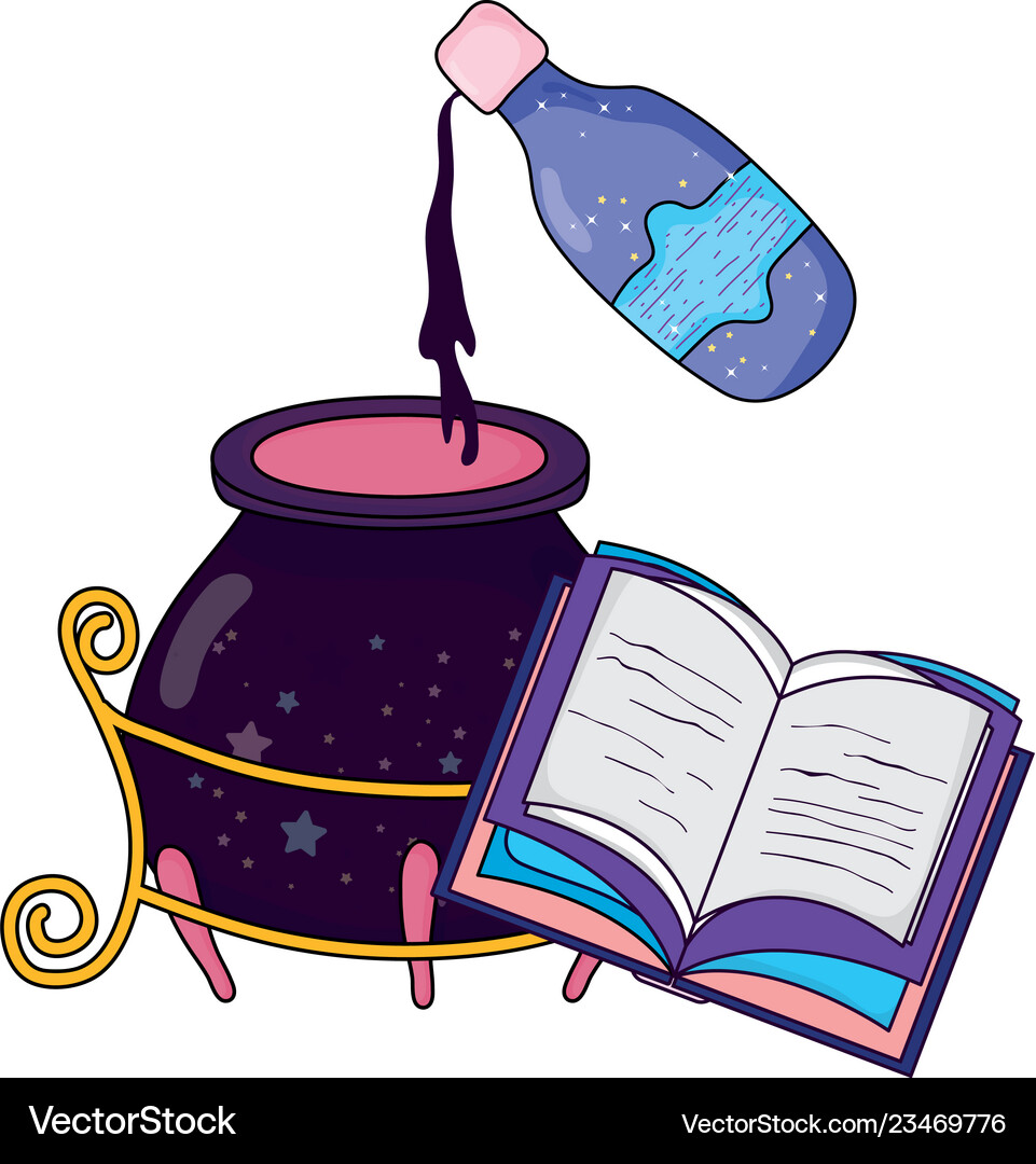 Magic witch cauldron with potion bottle and book Vector Image