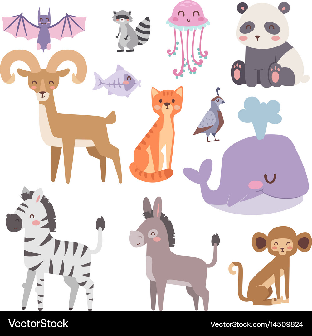 Cute zoo cartoon animals isolated funny wildlife Vector Image