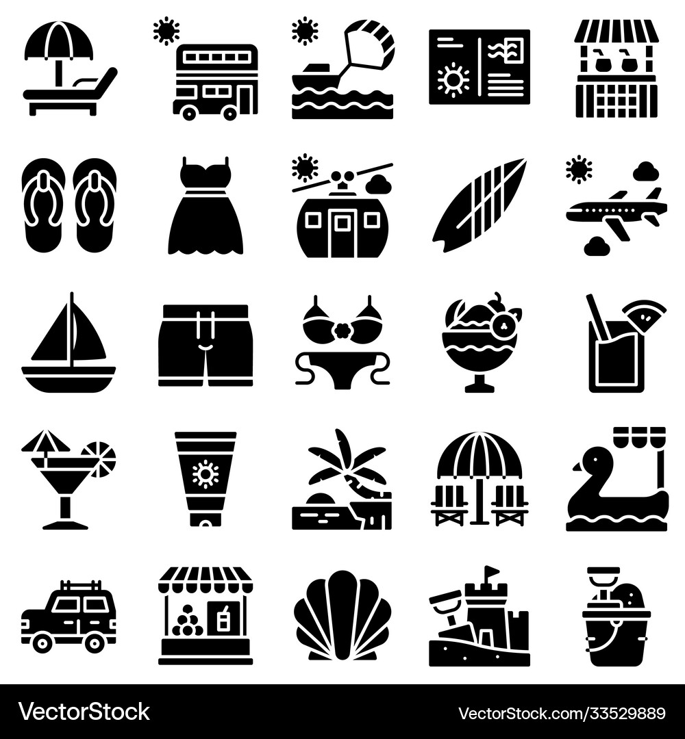 Summer vacation related icon set 1 solid style Vector Image