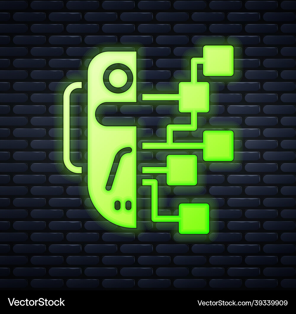 Glowing neon humanoid robot icon isolated on brick