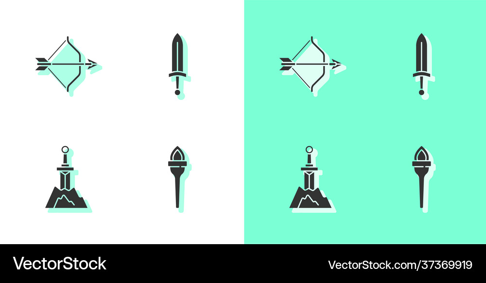 Set torch flame medieval bow and arrow sword Vector Image
