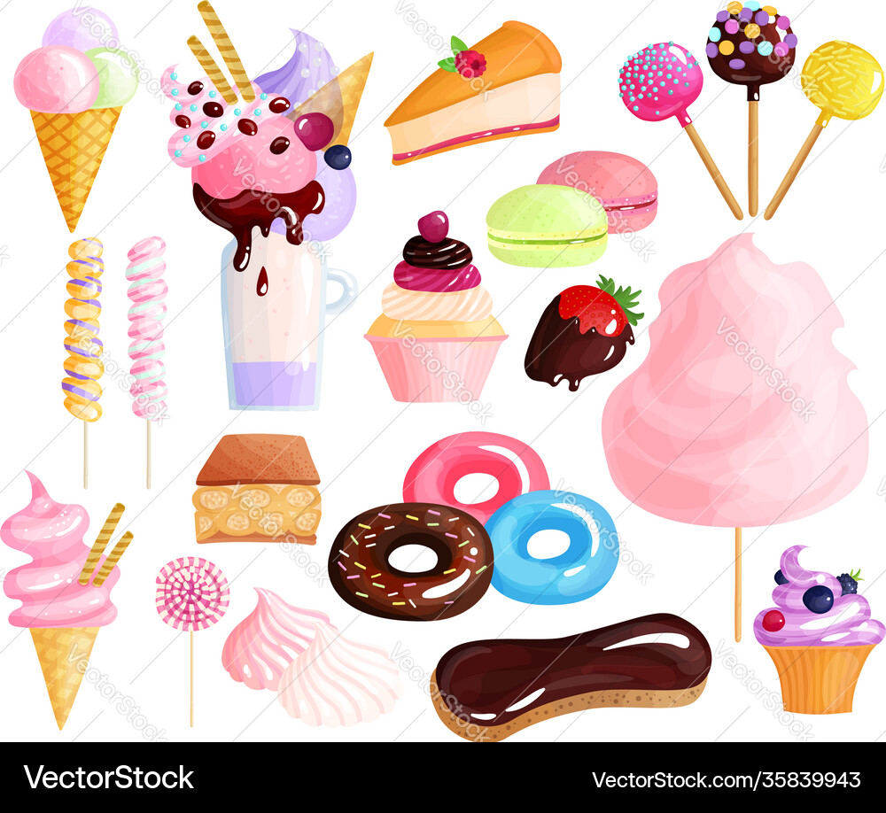 Sweets desserts colorful icons set Royalty Free Vector Image