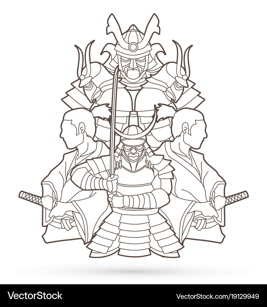 Samurai ready to fight composition outline Vector Image