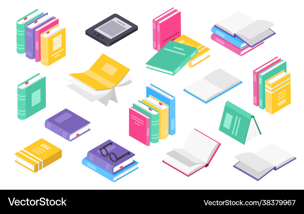 Isometric 3d book stacks or piles books open Vector Image