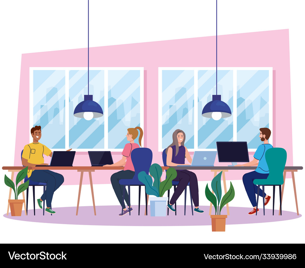 Coworking space young people with computers Vector Image