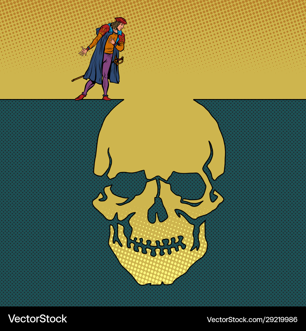 Hamlet and skull man next to a deep pit Royalty Free Vector