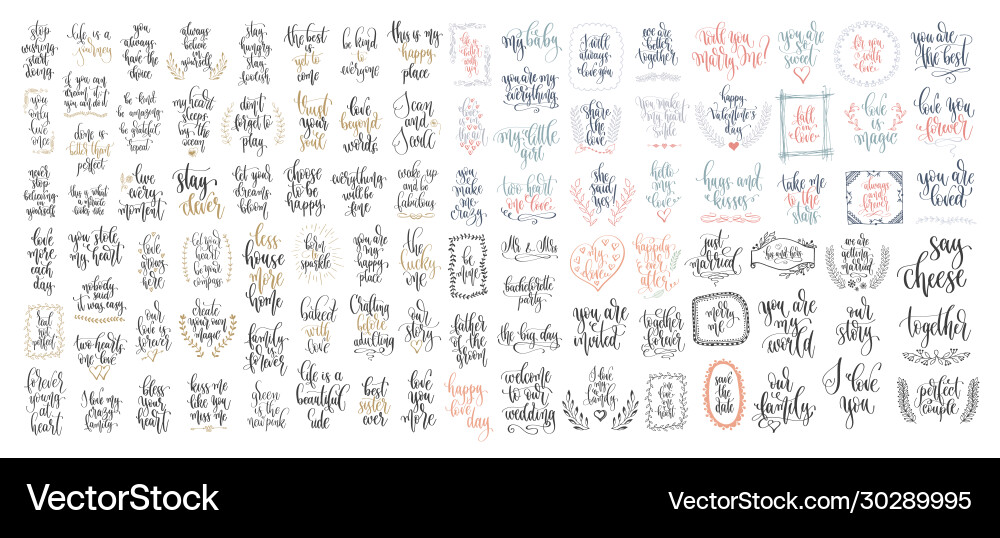 Set 100 hand lettering inscription text Royalty Free Vector