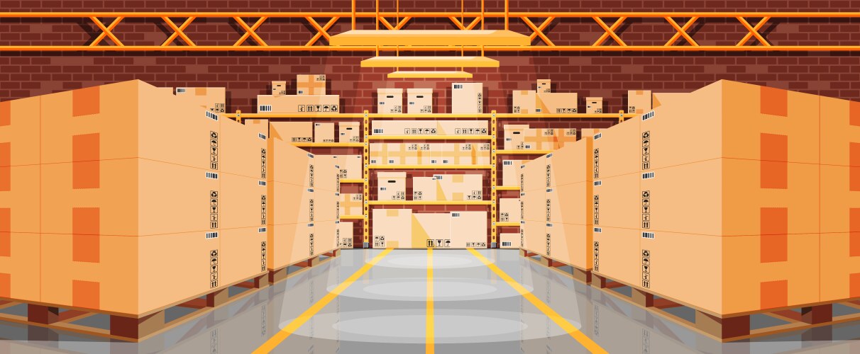 Warehouse interior with goods pallet trucks Vector Image