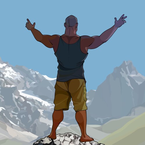 Cartoon muscle man bodybuilder stands and dreams Vector Image