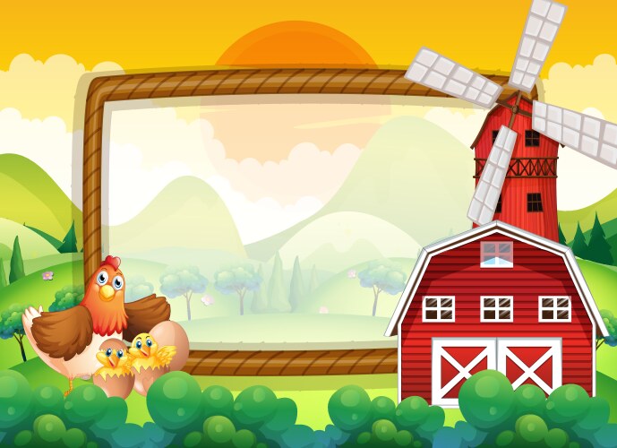 Border design with chicken on the farm Royalty Free Vector