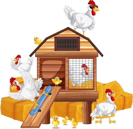 Chicken coop with hen and chicks Royalty Free Vector Image