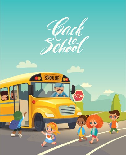 Cartoon yellow school bus with pupil Royalty Free Vector