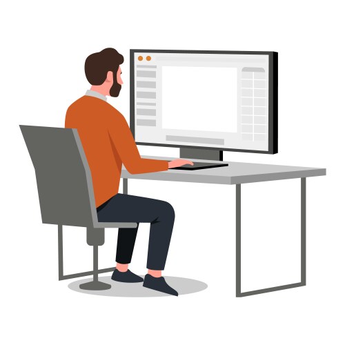 Young man working on a computer view from back Vector Image