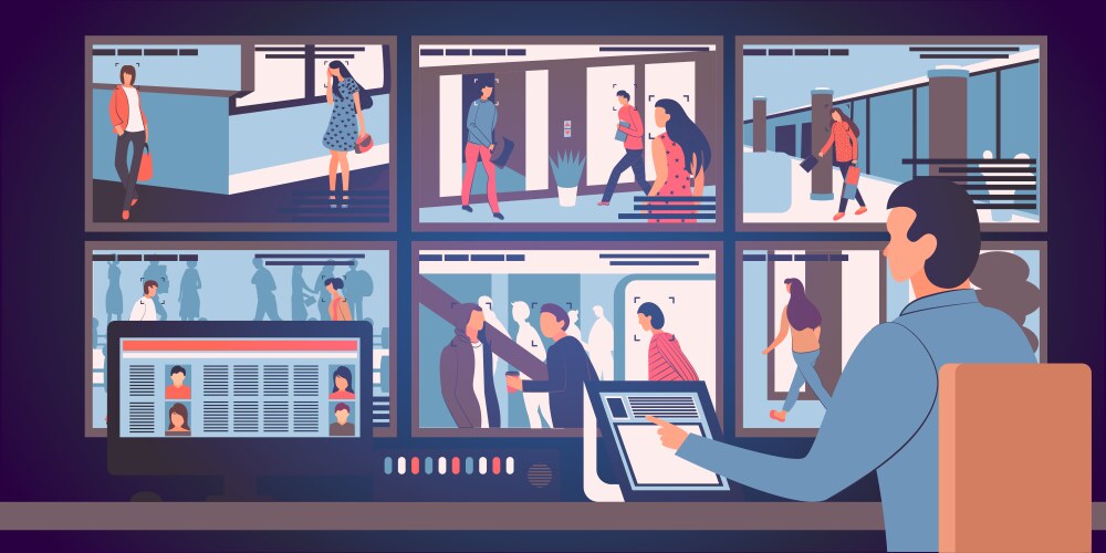 Security service worker sitting in dark control Vector Image