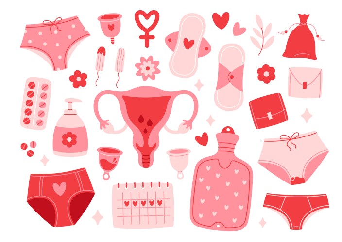 Menstrual period set female products Royalty Free Vector