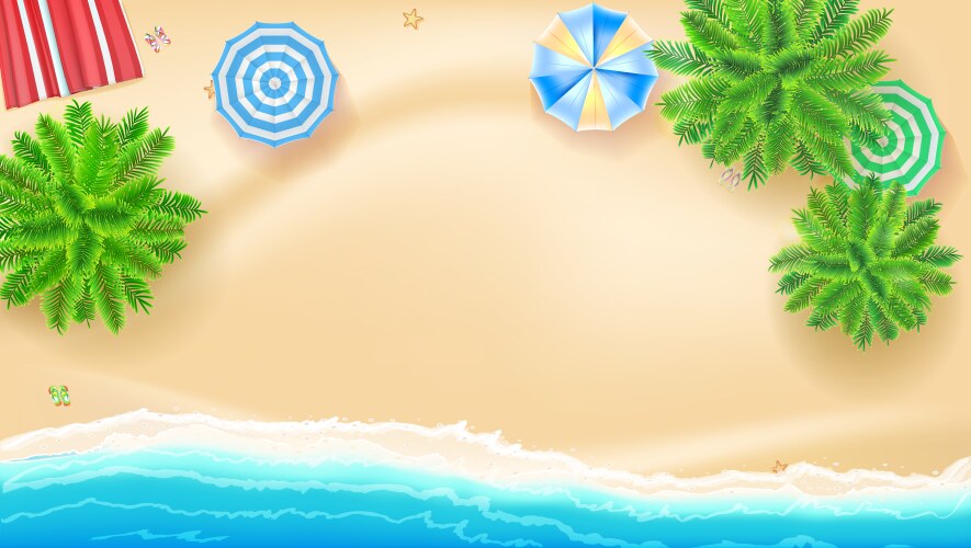 Tropical beach with parasol and palm trees Vector Image