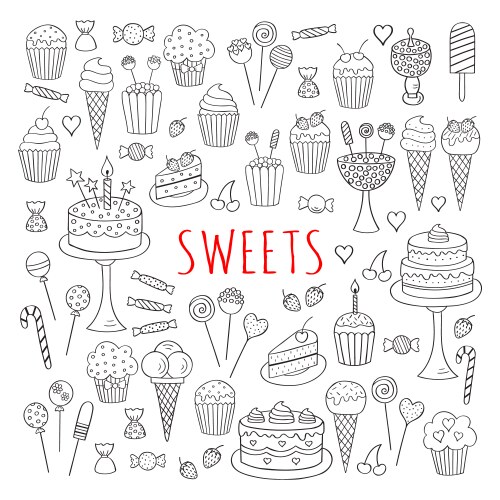 Cakes set hand drawn colorful doodle Royalty Free Vector