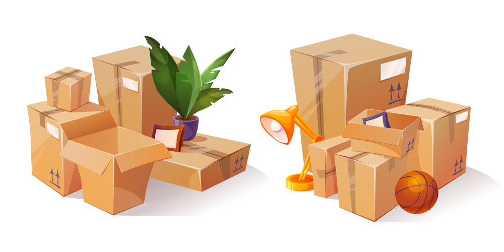 Cardboard box piles with house stuff Royalty Free Vector