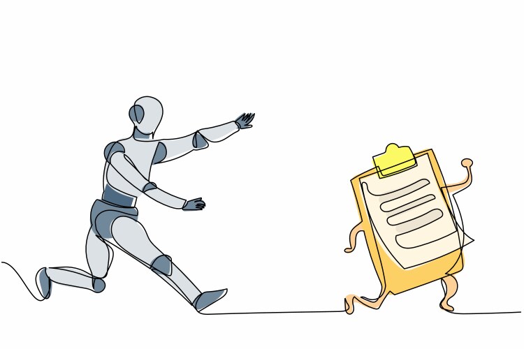 Single continuous line drawing robot run chasing Vector Image