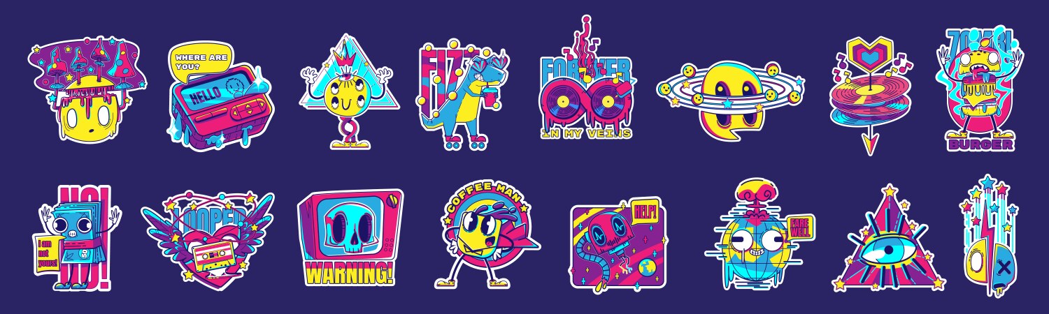 Retro psychedelic stickers abstract comic patches Vector Image