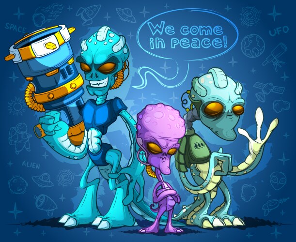 Space scene with rocket and alien Royalty Free Vector Image