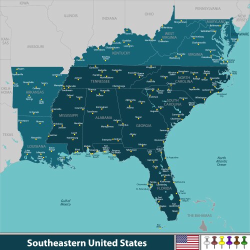 Southeastern United States Map with State Flags – Royalty-Free Vector ...