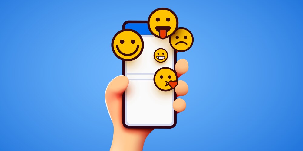 Hand holding phone emoticons social media Vector Image