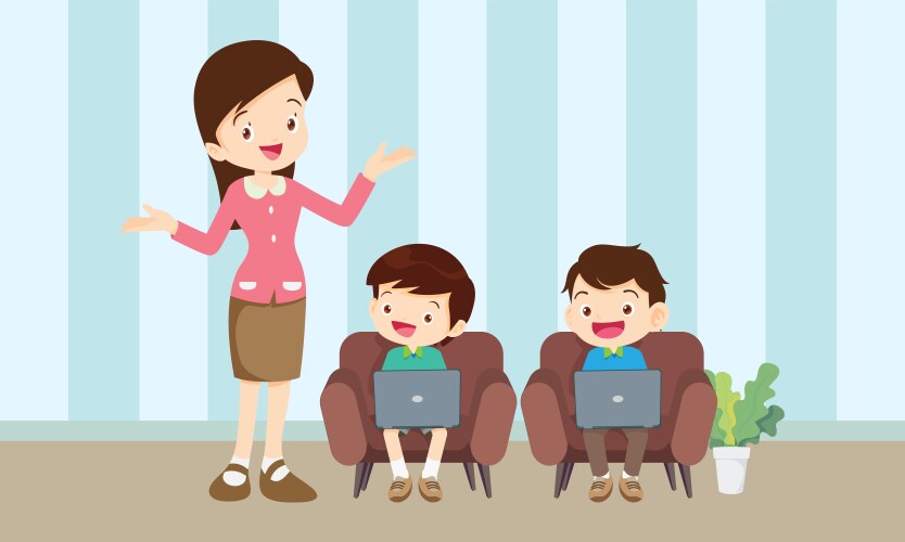 Teacher and kids learning computer technology Vector Image