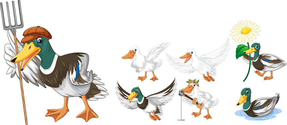 Set of different poses ducks cartoon characters Vector Image