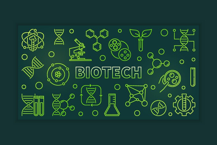 Biotech concept outline horizontal dark banner Vector Image