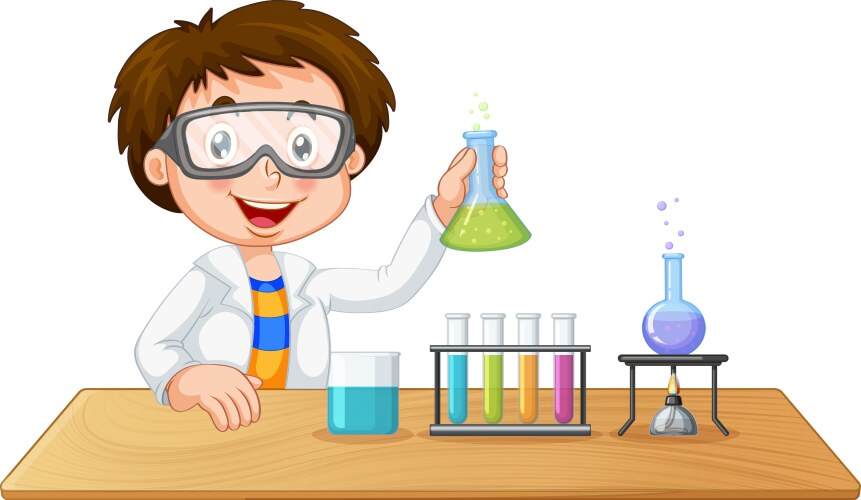 Scientist kids cartoon character with laboratory Vector Image