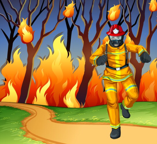 Fire scene with fireman at the building Royalty Free Vector